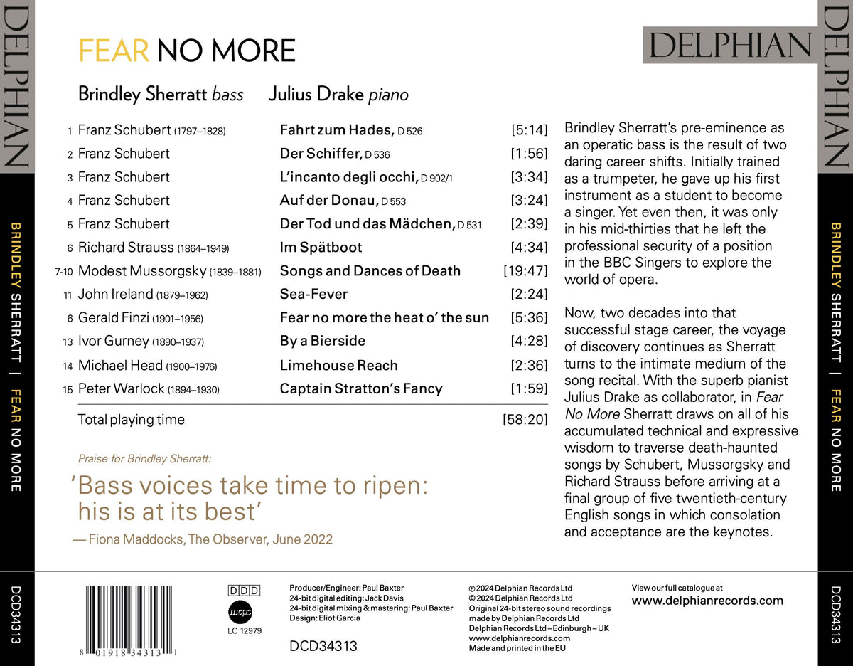 Brindley Sherratt's debut album: Fear No More - Delphian Records