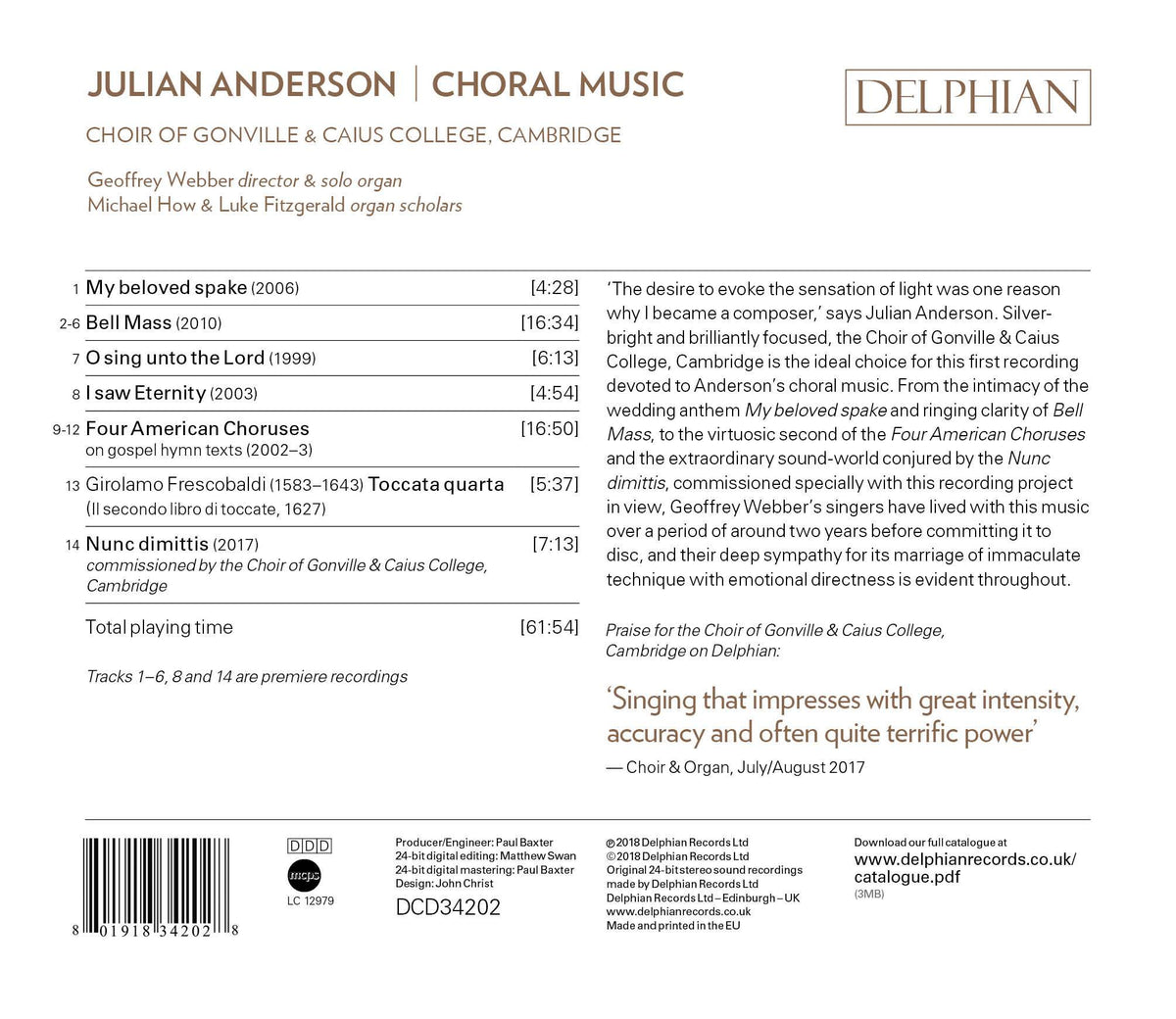 Julian Anderson: Choral Music - Delphian Records